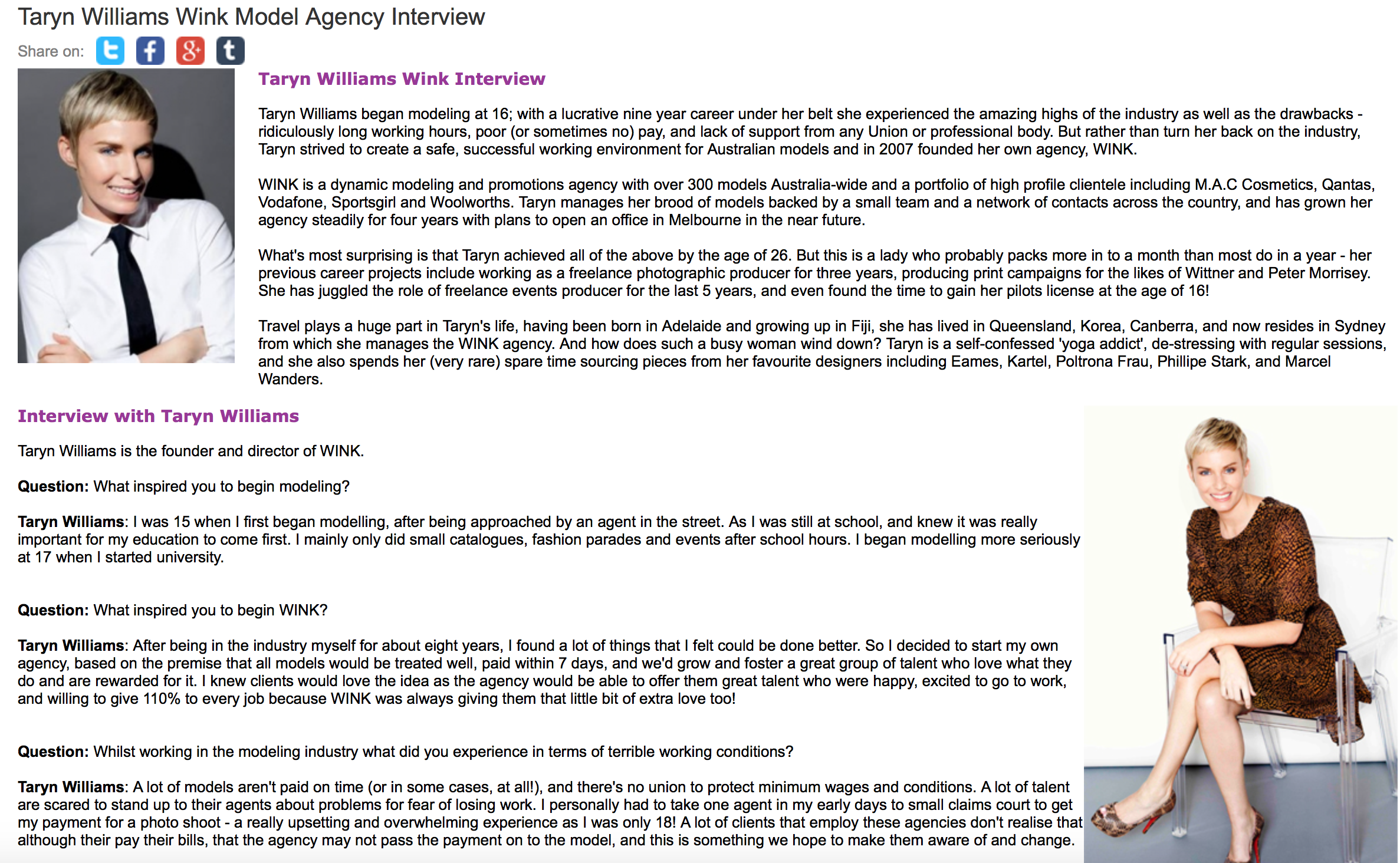 Taryn's interview with Girl.com.au - WINK Models